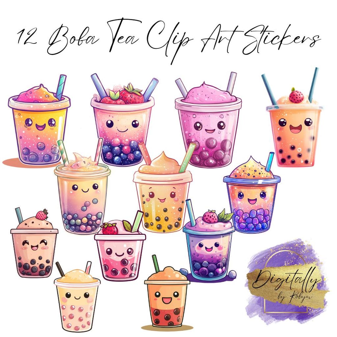 Boba Tea Clip Art Kawaii Digital Stickers Cute Bubble Tea Planner ...