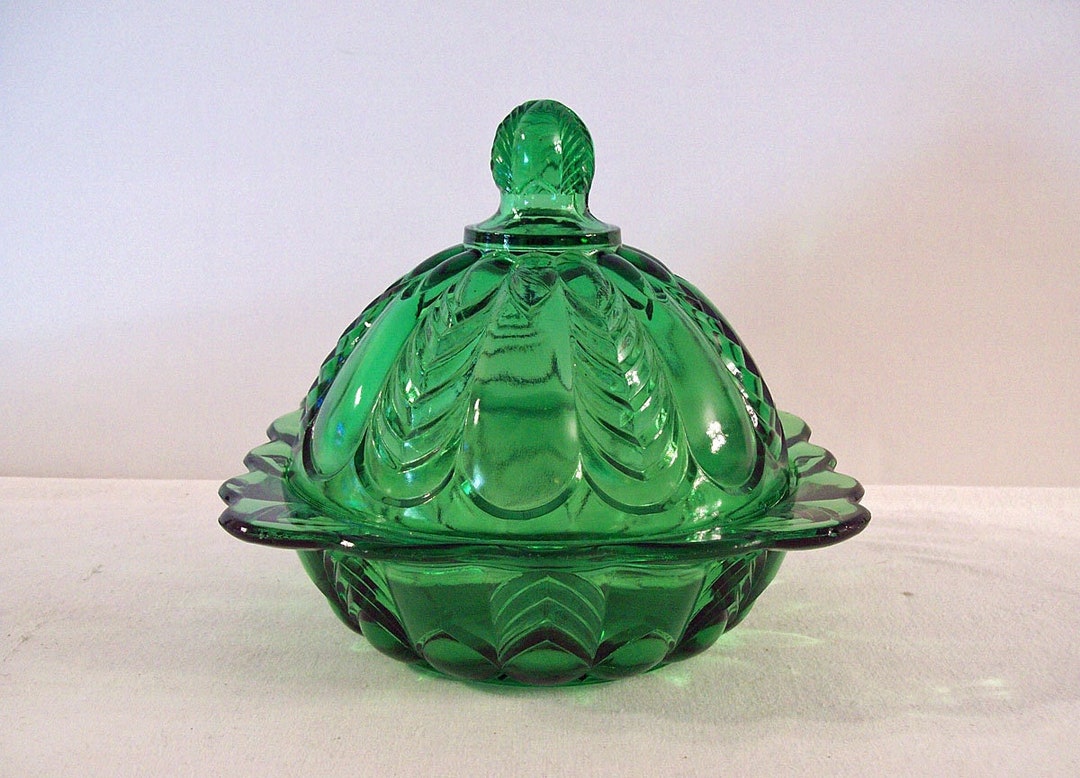 Antique EAPG FLORIDA Emerald Green Covered Butter Dish – US Glass ...