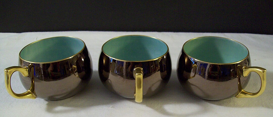 COPPER LUSTER Tea Cups With Handpainted Flowers in Bowls – Set of Three ...