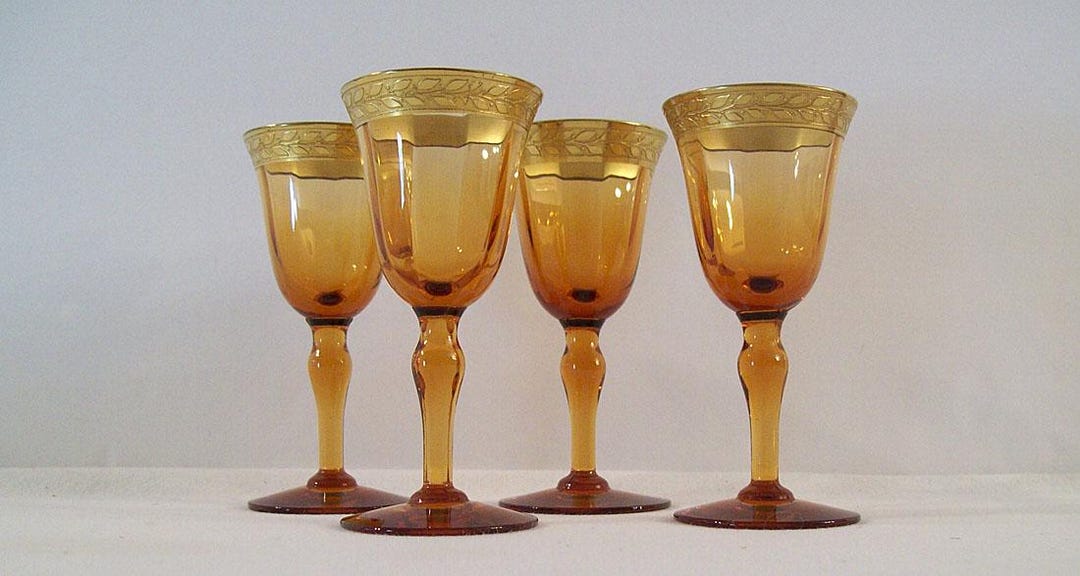 TIFFIN Laurel Amber Cordial Glasses – Gold Laurel Band – Paneled – Set ...