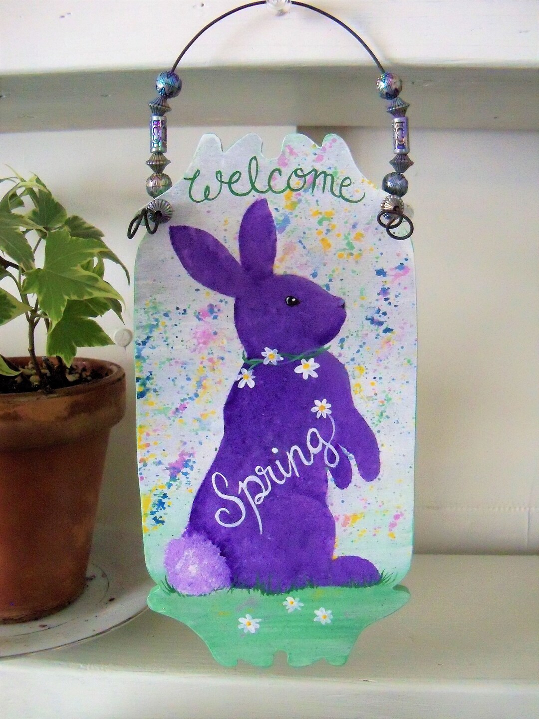 Welcome Spring Bunny Sign / Spring Easter Bunny Plaque - Etsy