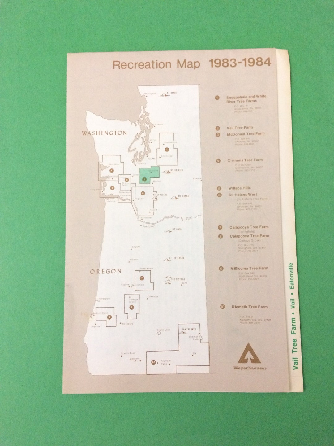 1983-84 Recreation Map Weyerhauser Co Vail Tree Farm Eatonville WA ...