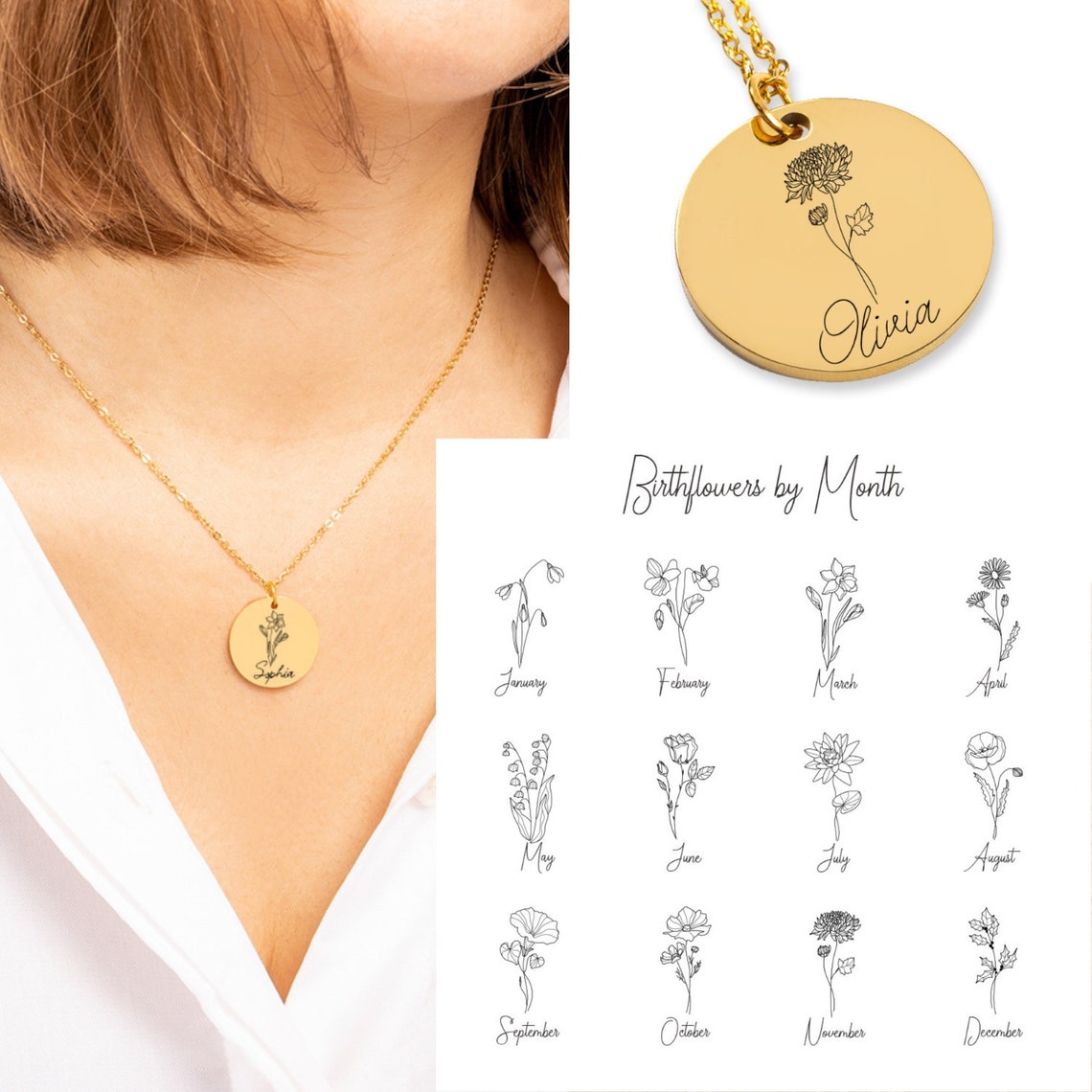 Name & Birth Flower Necklace, Personalized Birth Flower Necklace ...