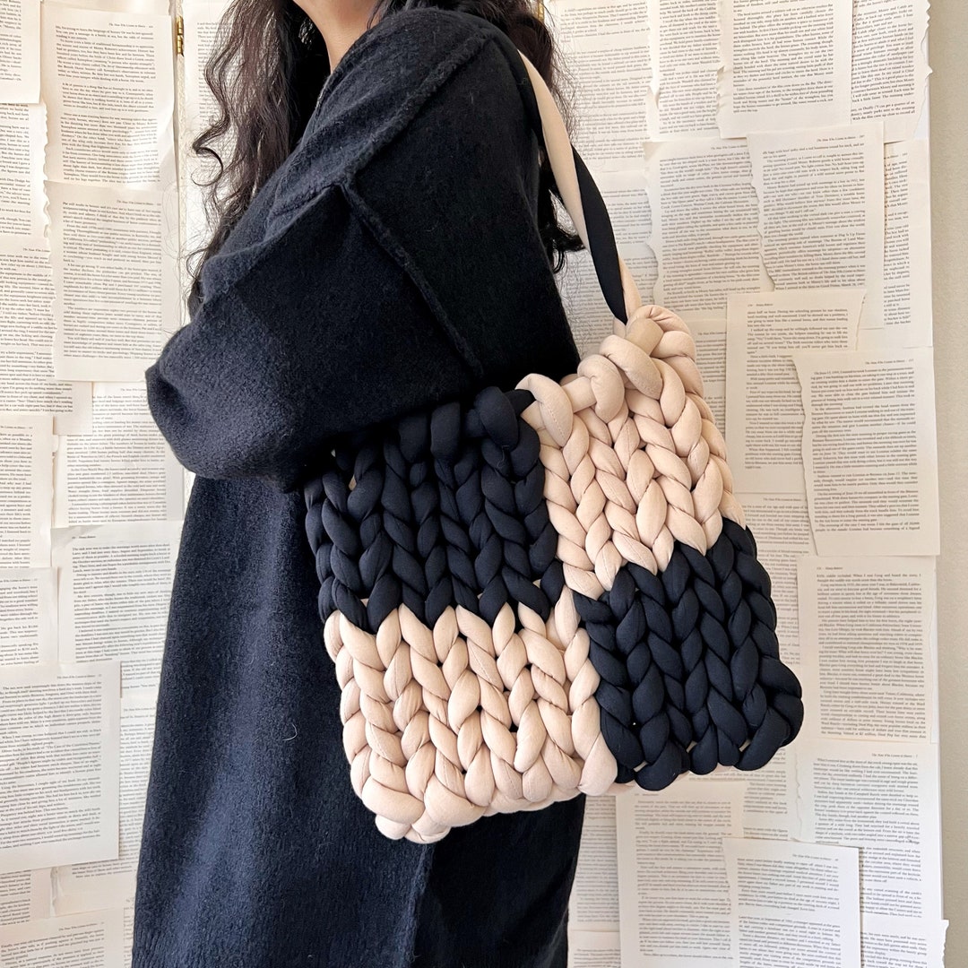 Checkered Chunky Knit Bag, Chunky Knit Handbag, Trendy Knit Tote Bag ...