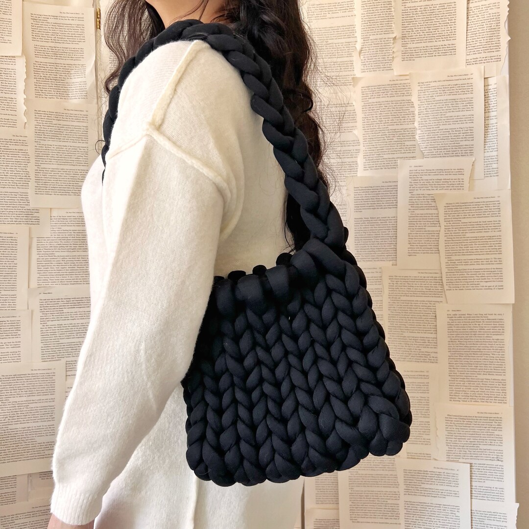 Black Chunky Knit Bag Chunky Knit Cotton Bag Handbag Tote Bag School ...