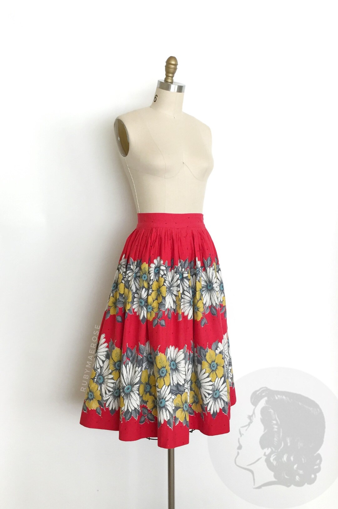 40s Double Border Print Cotton Full Skirt • 1940s Vintage - Etsy