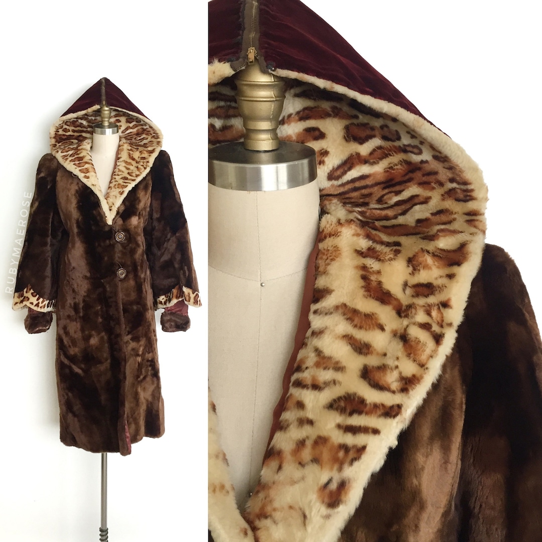 Vintage 1940s Coat • Mouton Fur Leopard Printed Hooded Heavy Winter ...