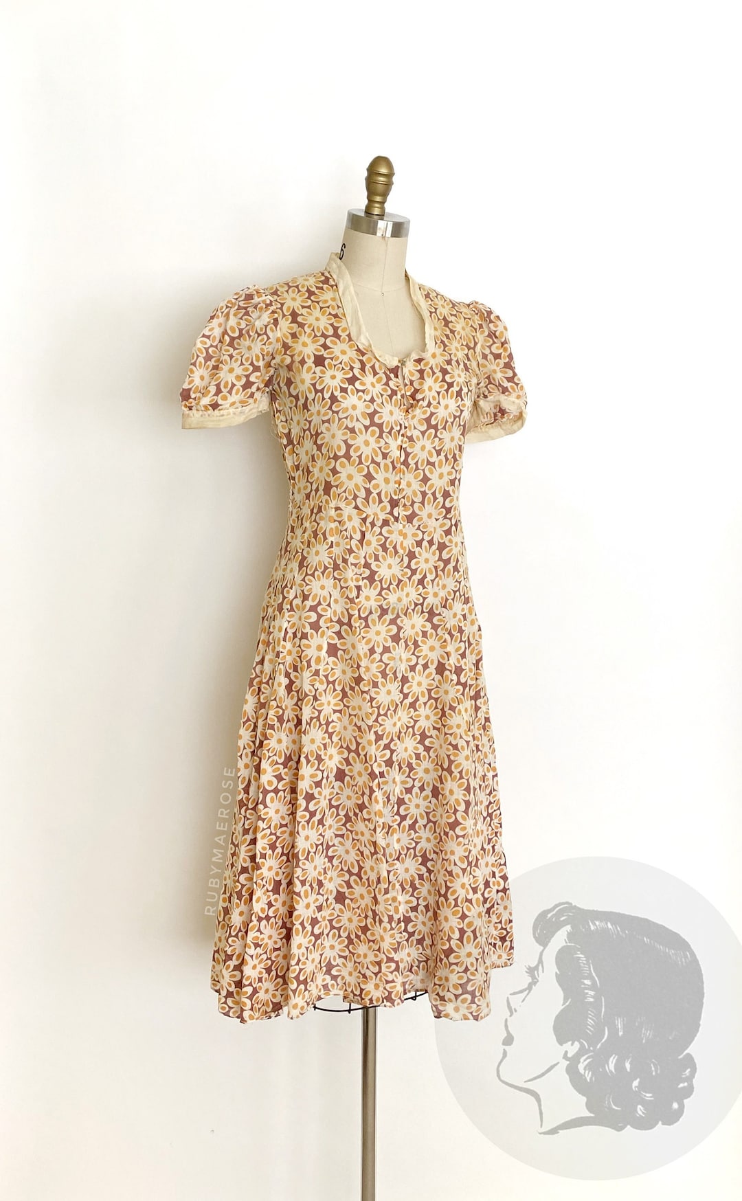 Vintage 1930s Dress • Floral Deco Print Cotton Voile Puff Sleeves Day ...