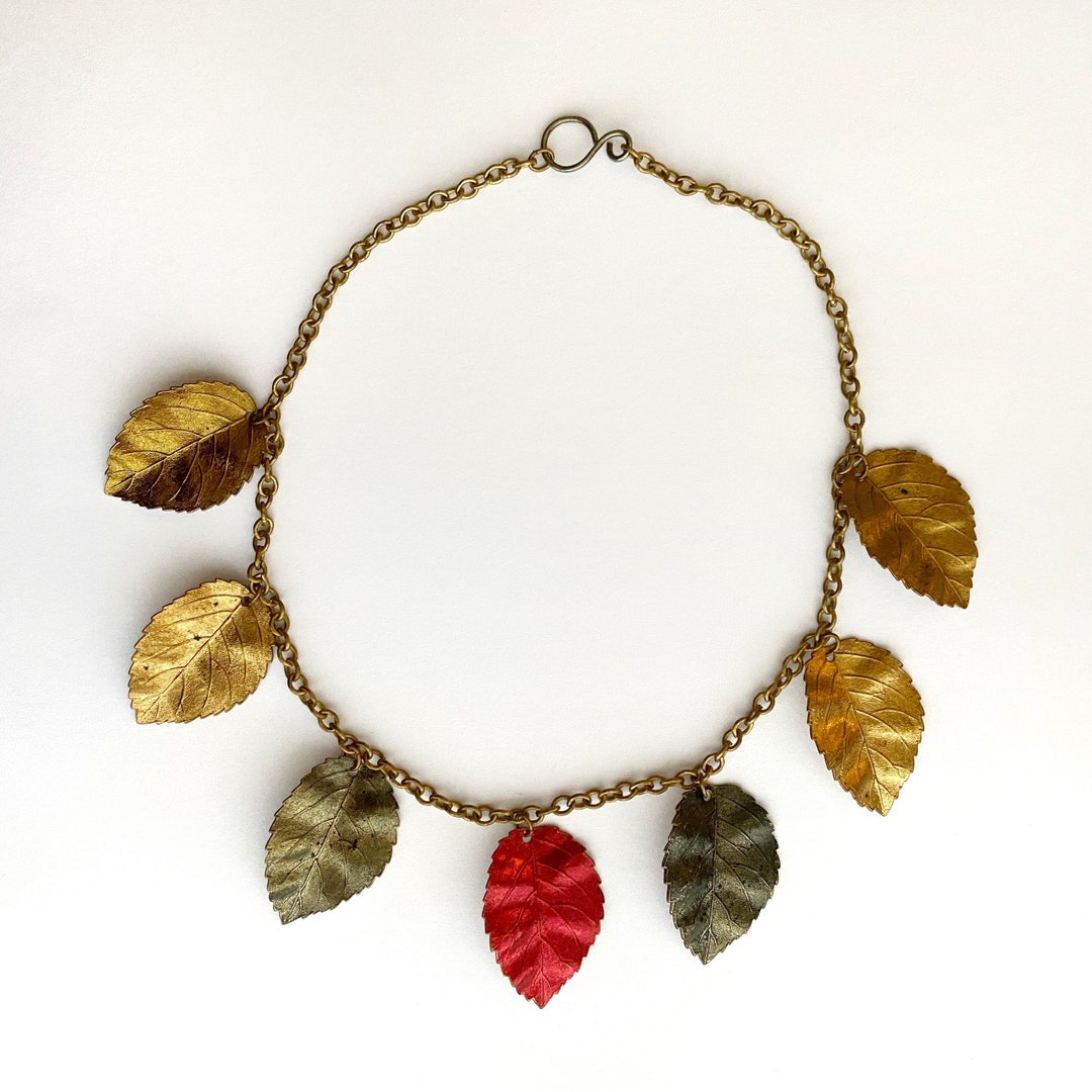 1940s Necklace Brass Leaf Novelty Chain Necklace 40s Vintage Necklace ...