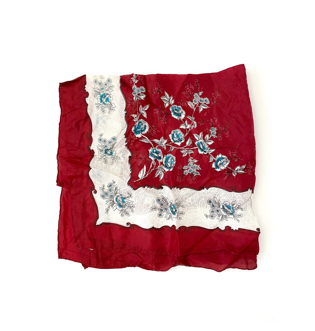 Vintage 1940s 1950s Scarf Floral Border Bandana Style Print Large ...
