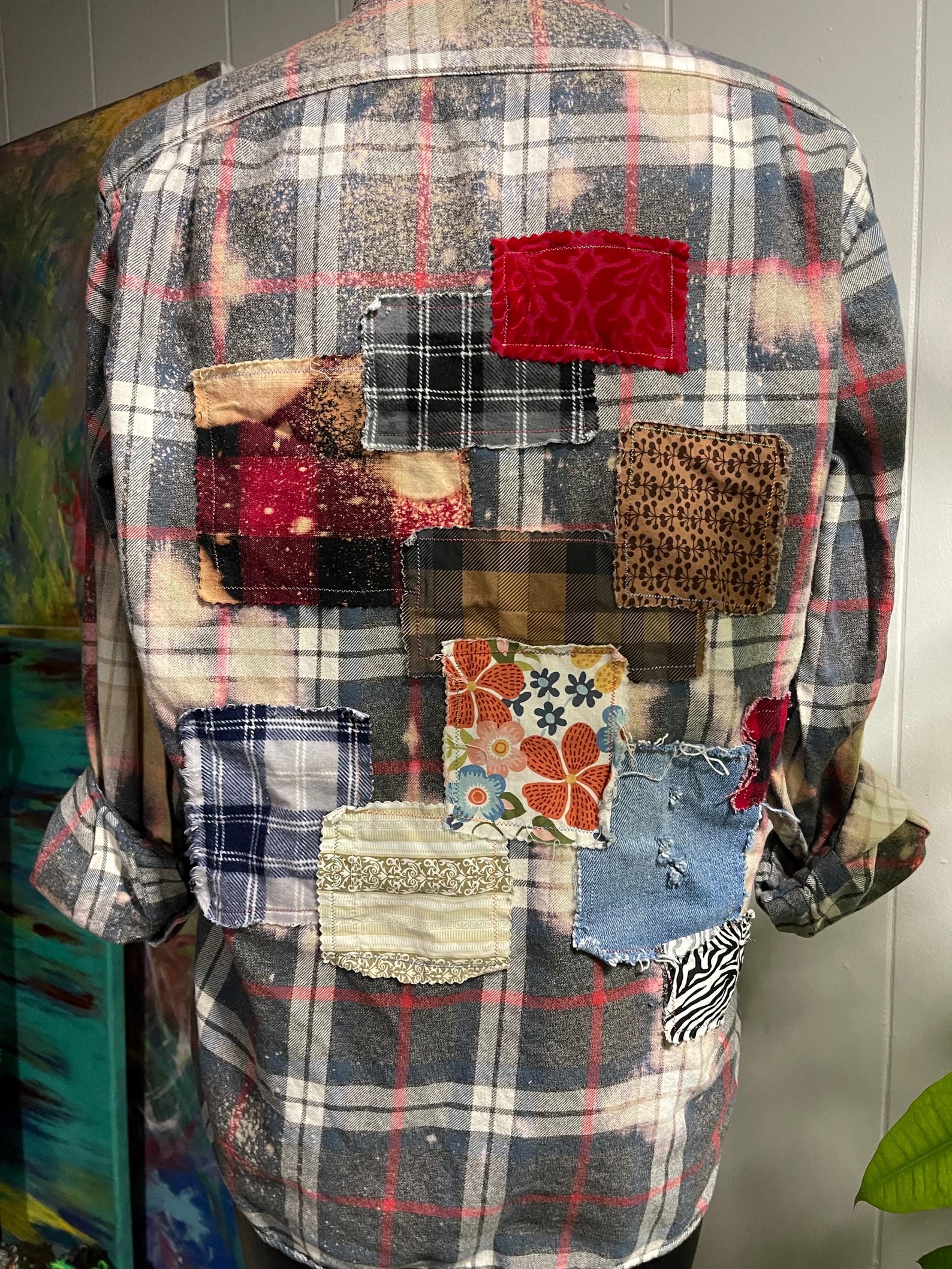 Bleach Upcycled Flannel - M Slim - Denim Vintage Fabric Patches - Long ...