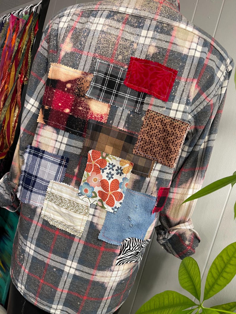 Bleach Upcycled Flannel - M Slim - Denim Vintage Fabric Patches - Long ...