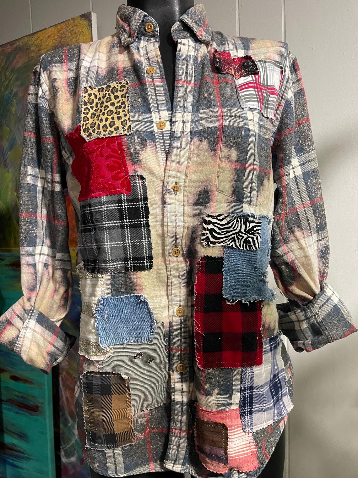 Bleach Upcycled Flannel - M Slim - Denim Vintage Fabric Patches - Long ...