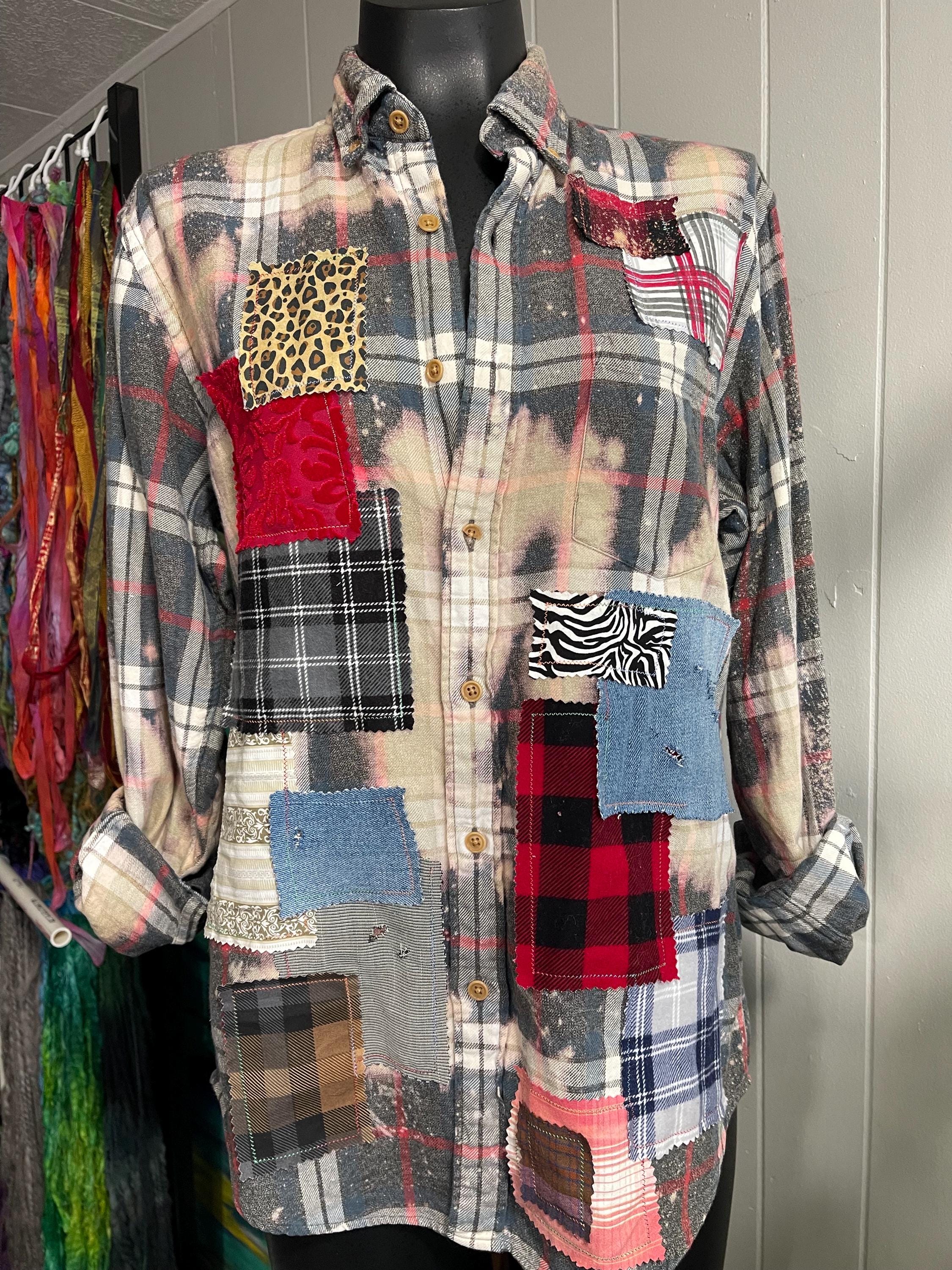 Bleach Upcycled Flannel - M Slim - Denim Vintage Fabric Patches - Long ...