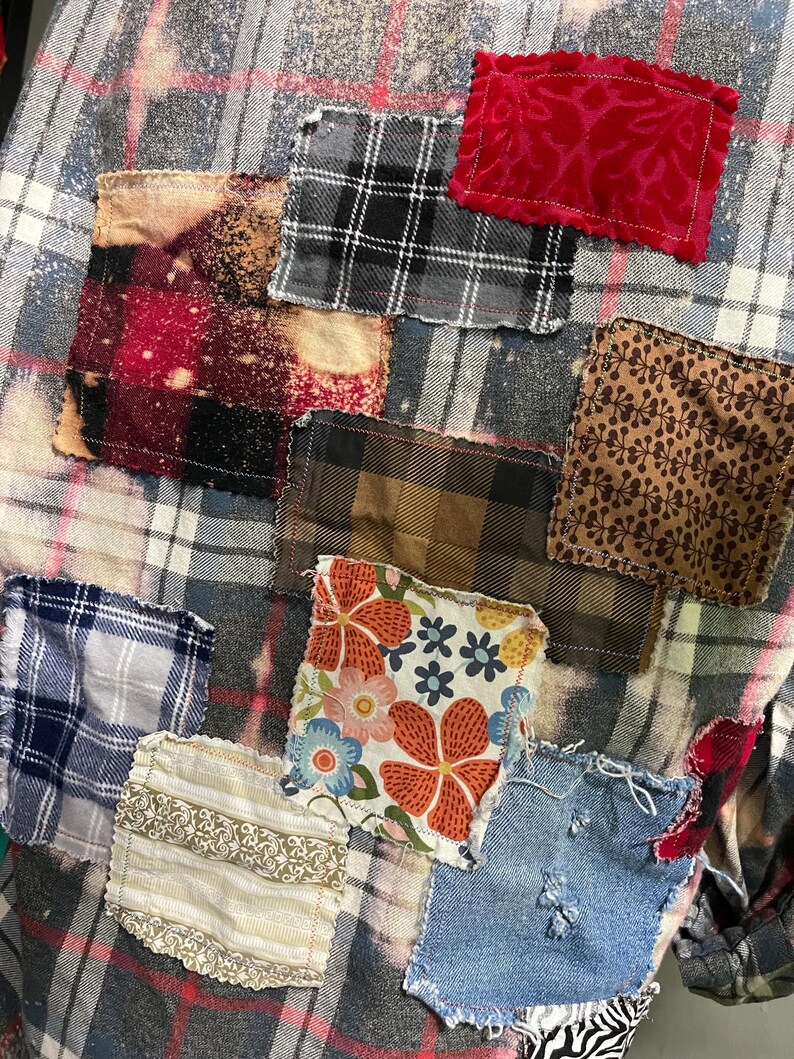 Bleach Upcycled Flannel - M Slim - Denim Vintage Fabric Patches - Long ...