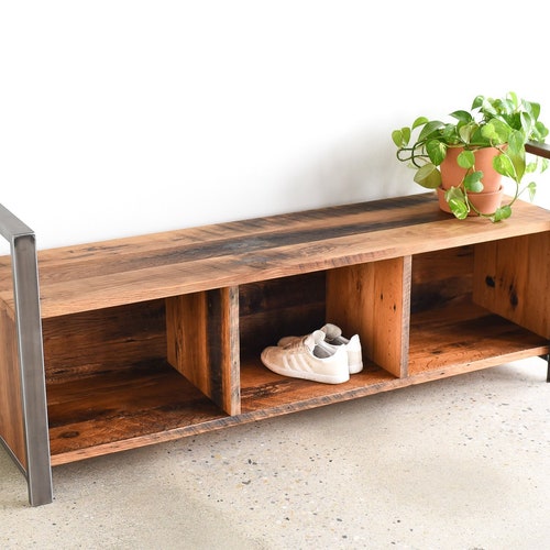 Entryway Storage Bench / Rustic Reclaimed Wood and Steel Leg | Etsy