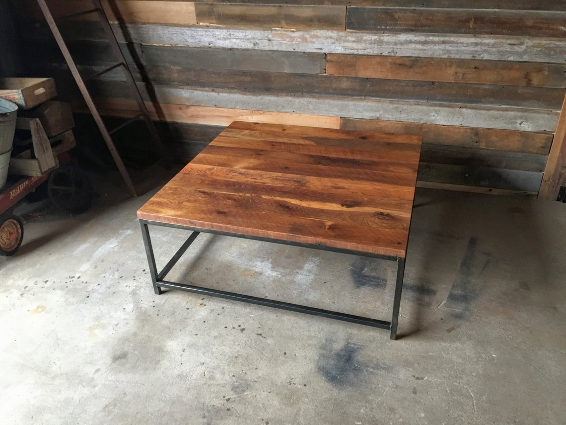 Square Coffee Table / Rustic Reclaimed Wood and Steel Box - Etsy