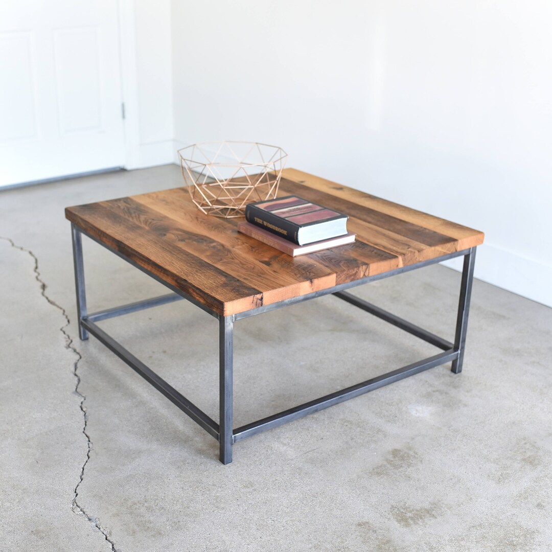 Square Coffee Table / Rustic Reclaimed Wood and Steel Box Frame Table ...