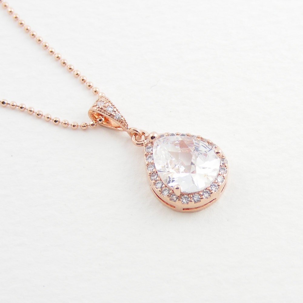 Crystal Bridal Necklace Rose Gold Crystal Teardrop Pendant - Etsy UK
