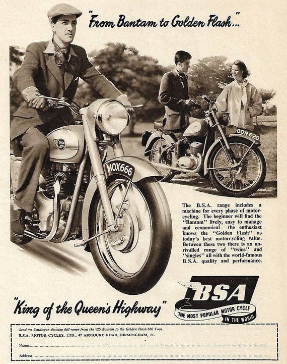 BSA Motor Cycle Print 1955 Original Advertising Wall Art | Etsy