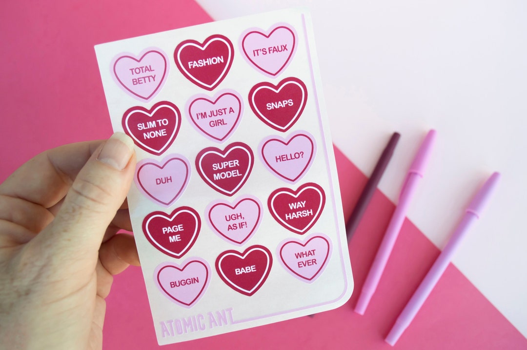 Clueless Inspired Conversation Hearts 15x Pale Pink & Burgundy Stickers ...