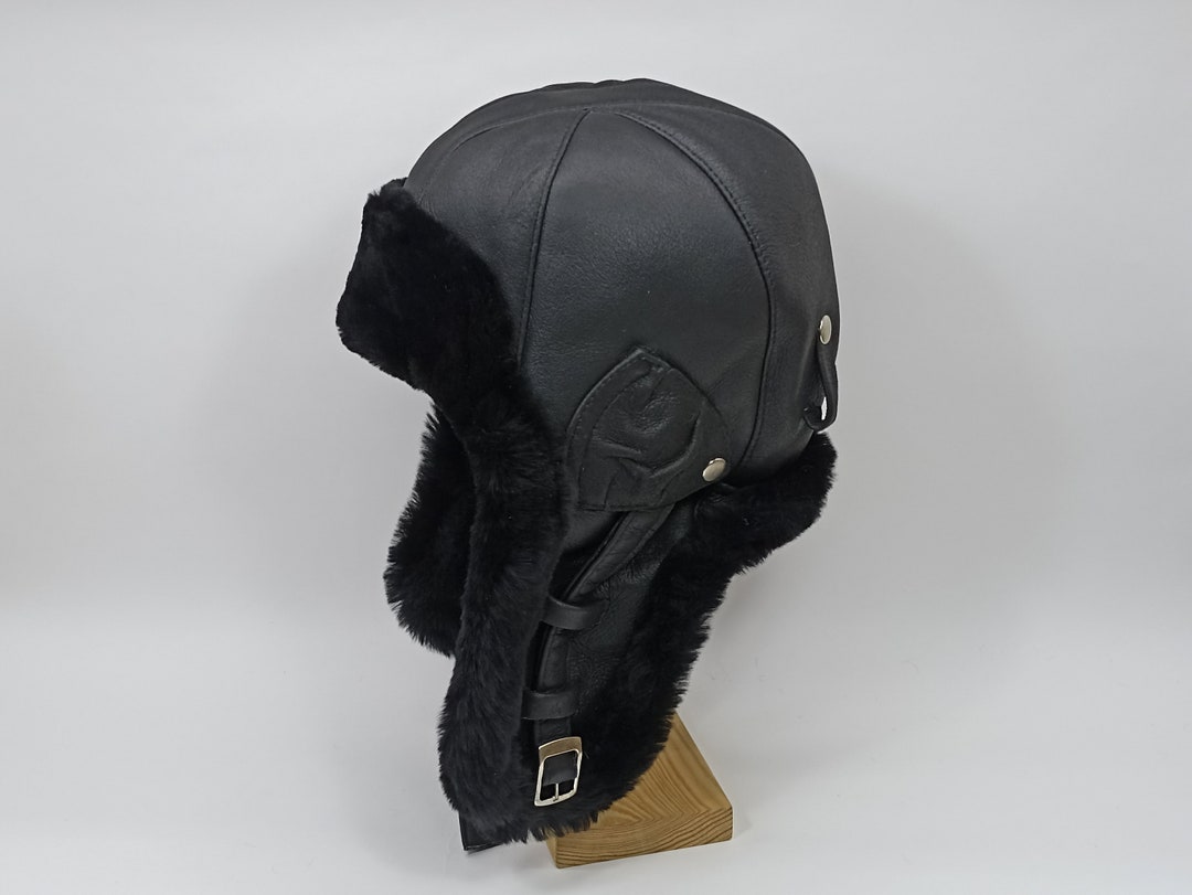 SALE!-BOMBER 56cm Shearling Leather Aviator Cap Chapka Ushanka Trapper ...