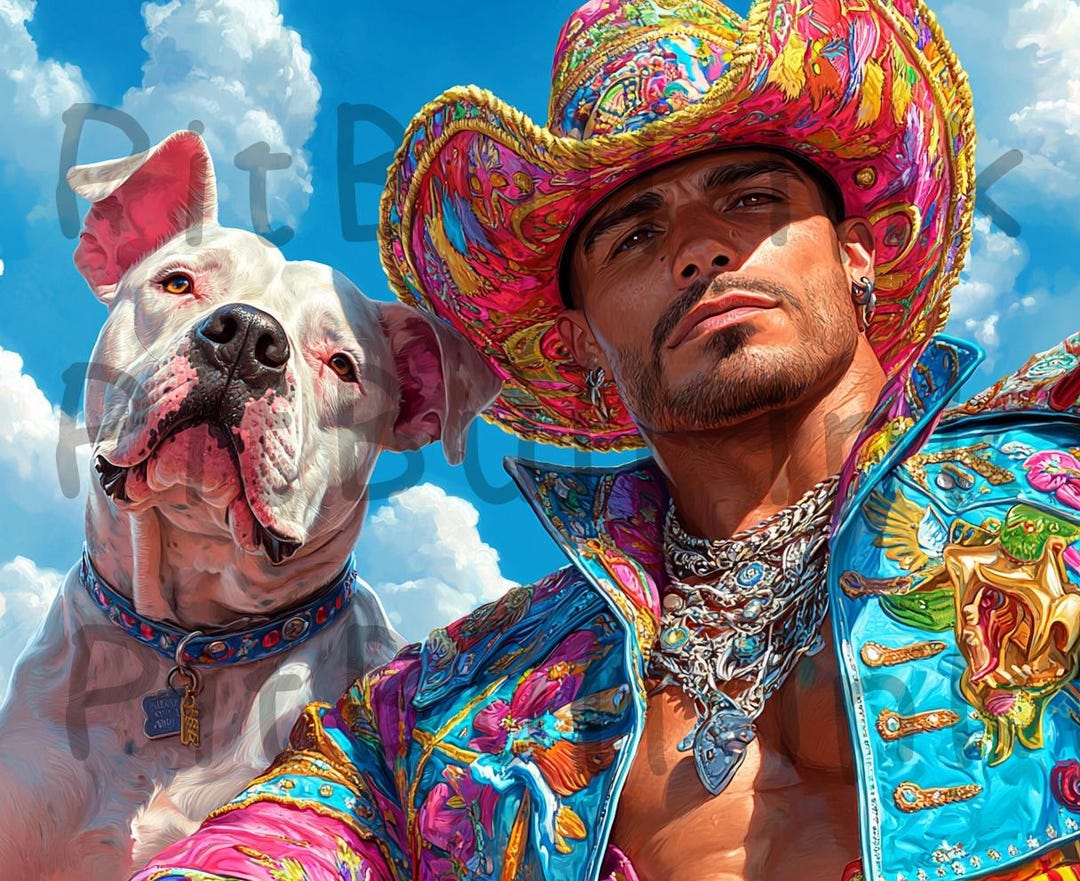 Mexican Cowboy & White Pitbull Puppy Dog, Instant Download, DIY Gifts ...