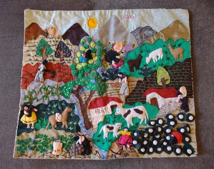 Vintage Quilted Wall Hanging Peru Arpilleria Mountain Village Patchwork ...