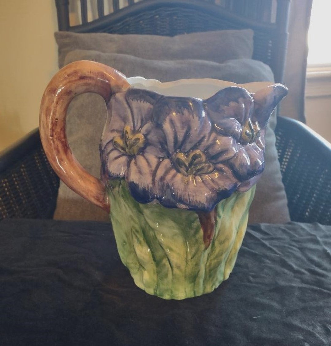 Vintage Majolica Purple Iris Pitcher, Purple Floral Ice Tea Pitcher ...