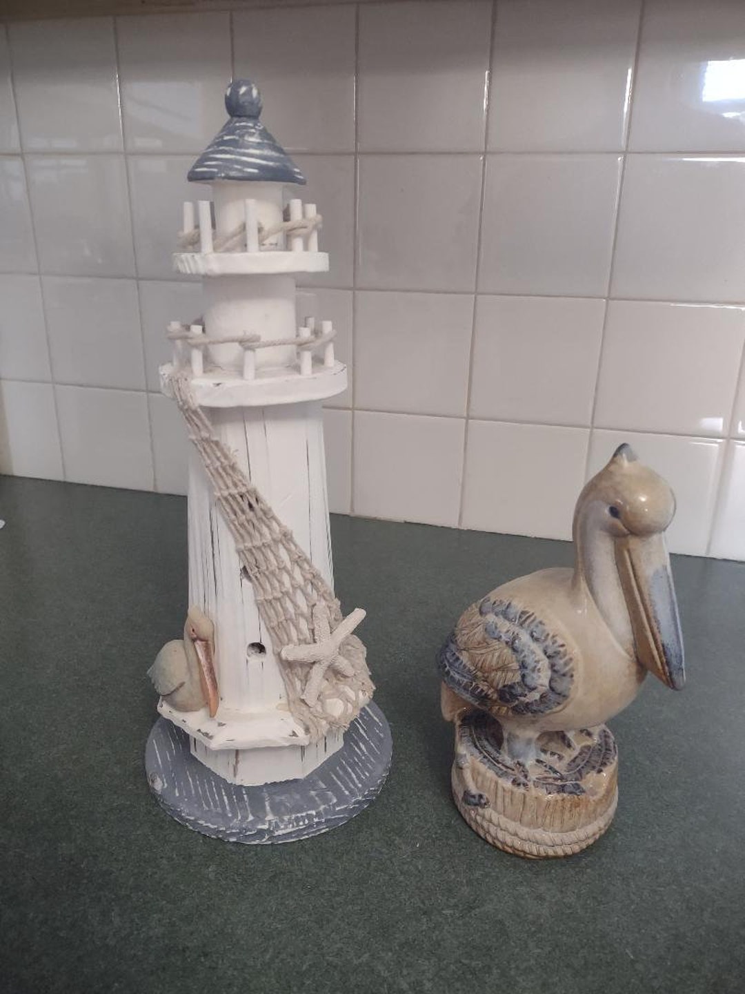 Vintage Wooden Lighthouse With Ceramic Pelican, Nautical Gift, Beach ...