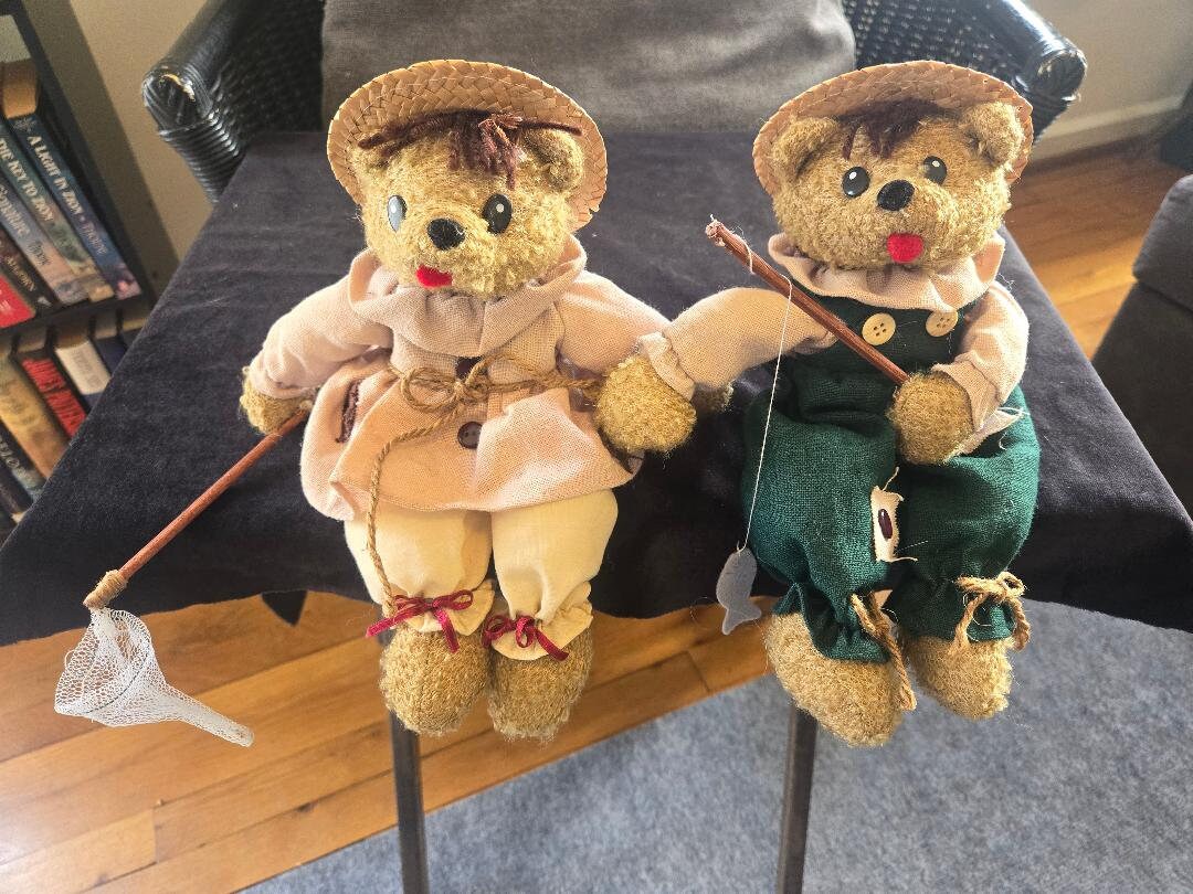 Vintage Pair Shelf Sitter Fishing Bears, Wooden Block Stuffed Fishing ...