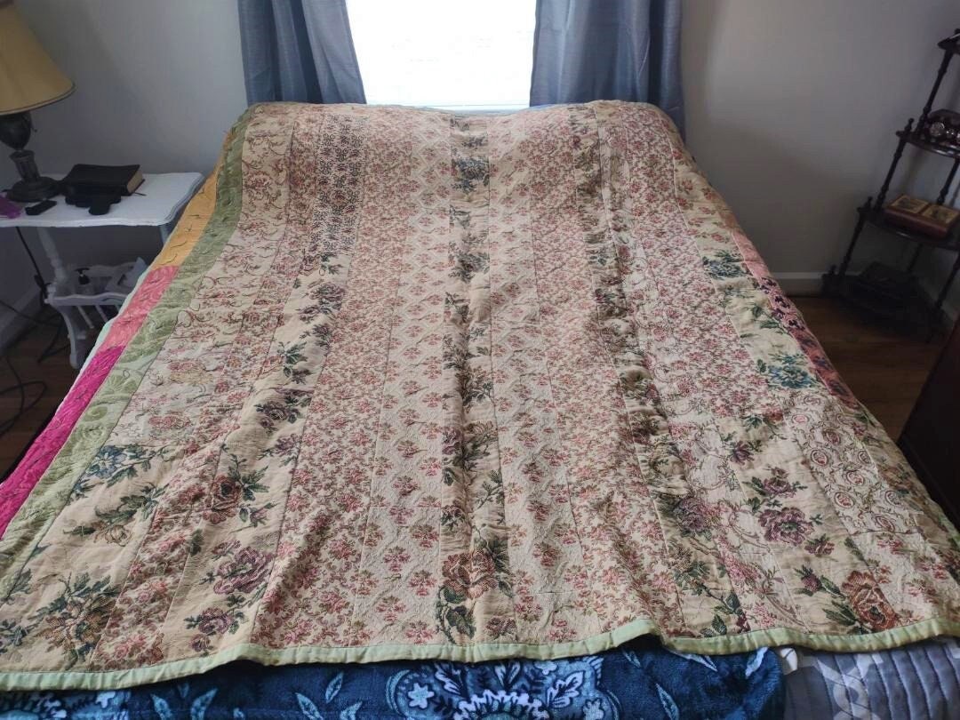 Primitive Double-sided Quilt - Brocade & Cotton - Heavy Antique Quilt ...