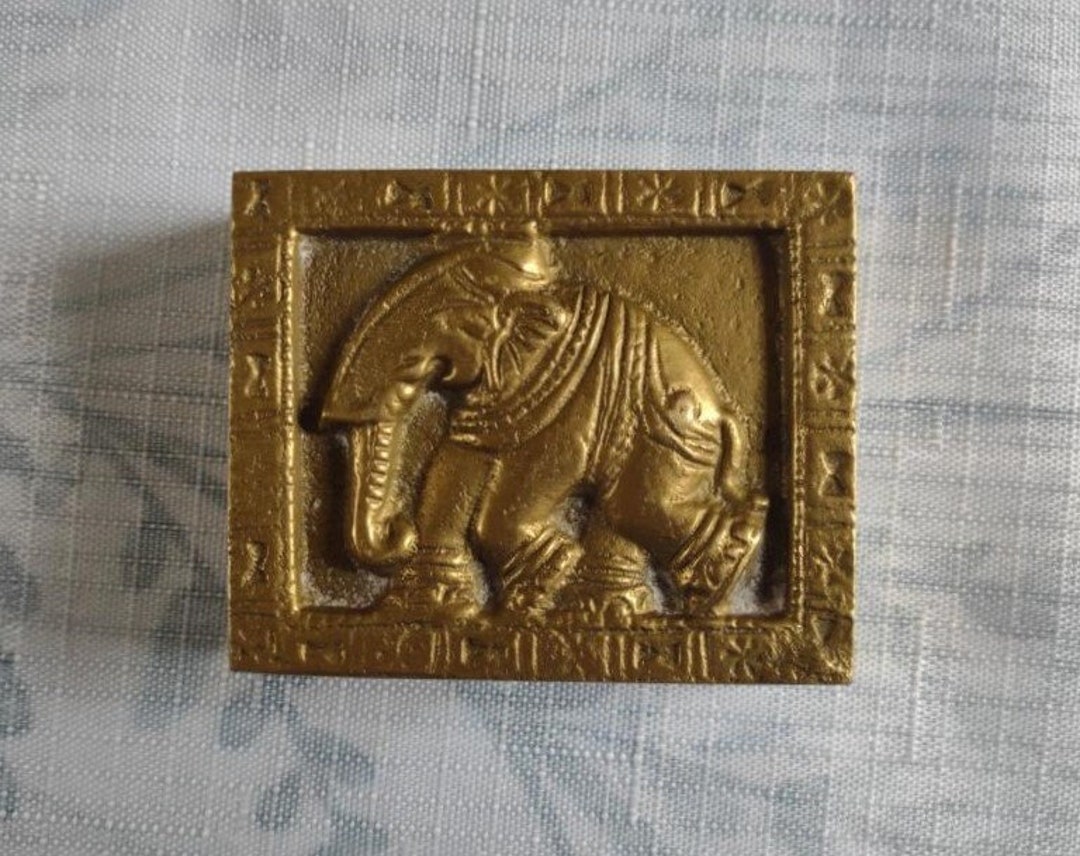 Vintage Brass Decorated Elephant Paperweight, High Relief Elephant ...