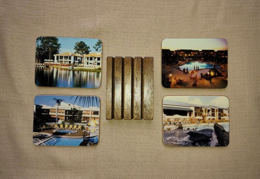 Vintage 1960s Florida Hotel Photo Coasters - Set of 4 With Oak Stand - Etsy