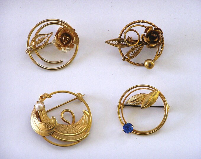 Set of 4 Vintage Elegant Circle Pins - Gold & Roses - Etsy