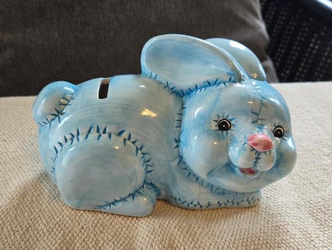 Vintage Ceramic Blue Patchwork Bunny Coin Bank, Rabbit Piggy Bank ...