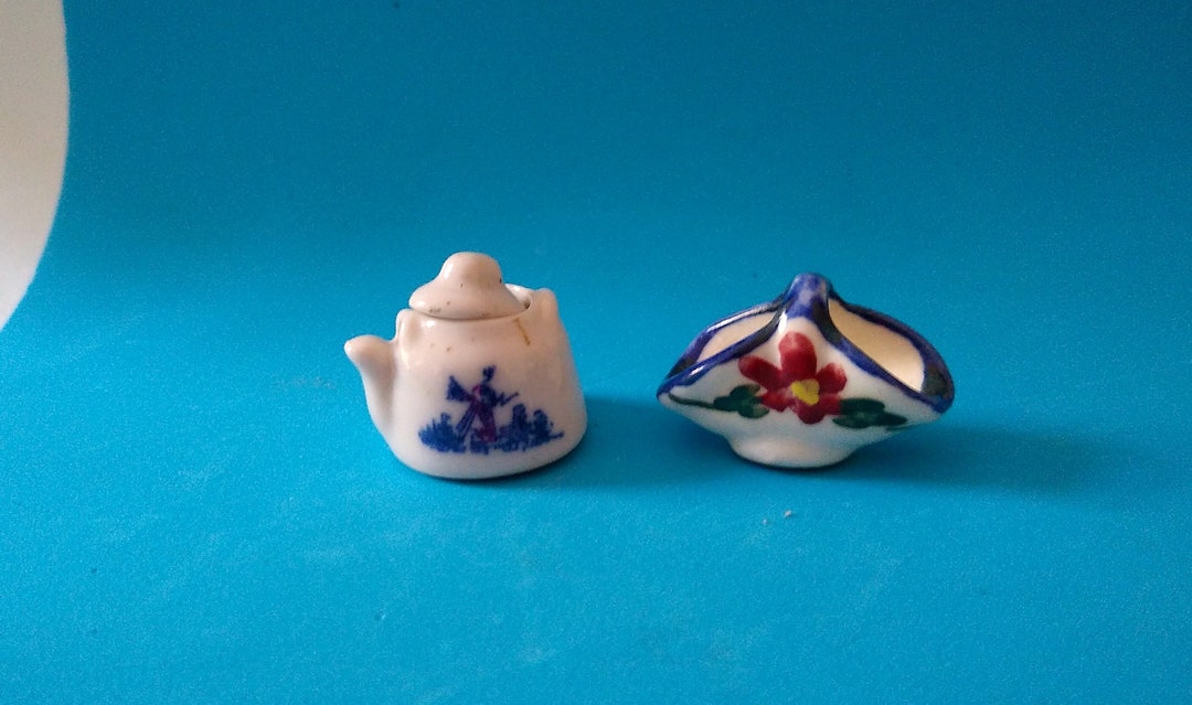 Vintage Miniature Delft Porcelain Teapot & Basket - Fairy Garden Decor ...