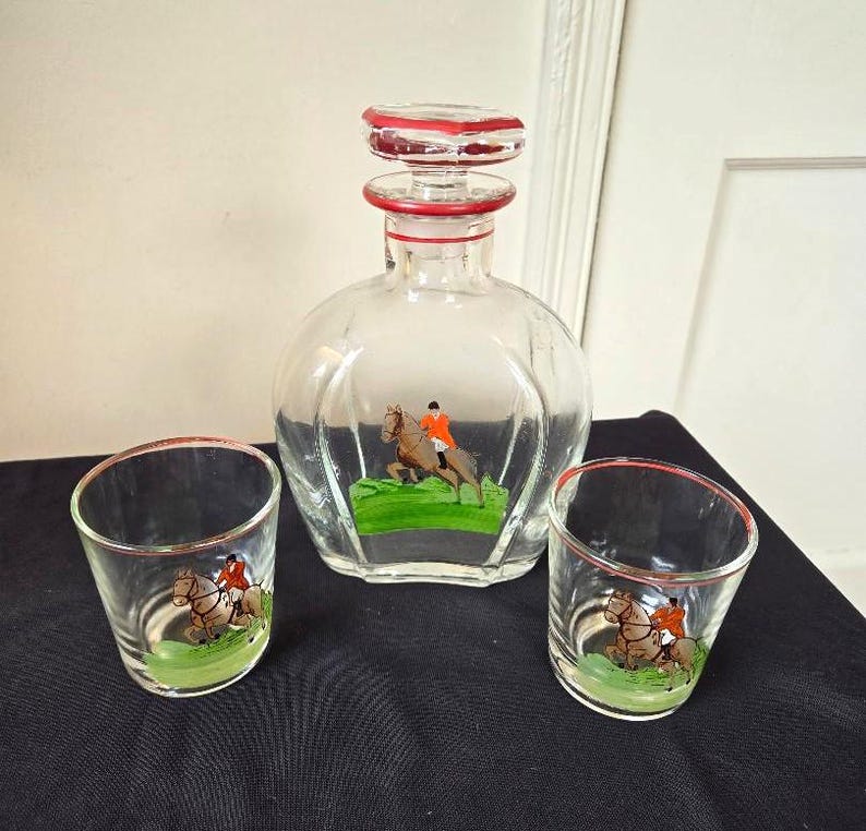 Vintage 1930s Fox Hunter Liquor Decanter Set: Hand-painted Enamel, MCM ...