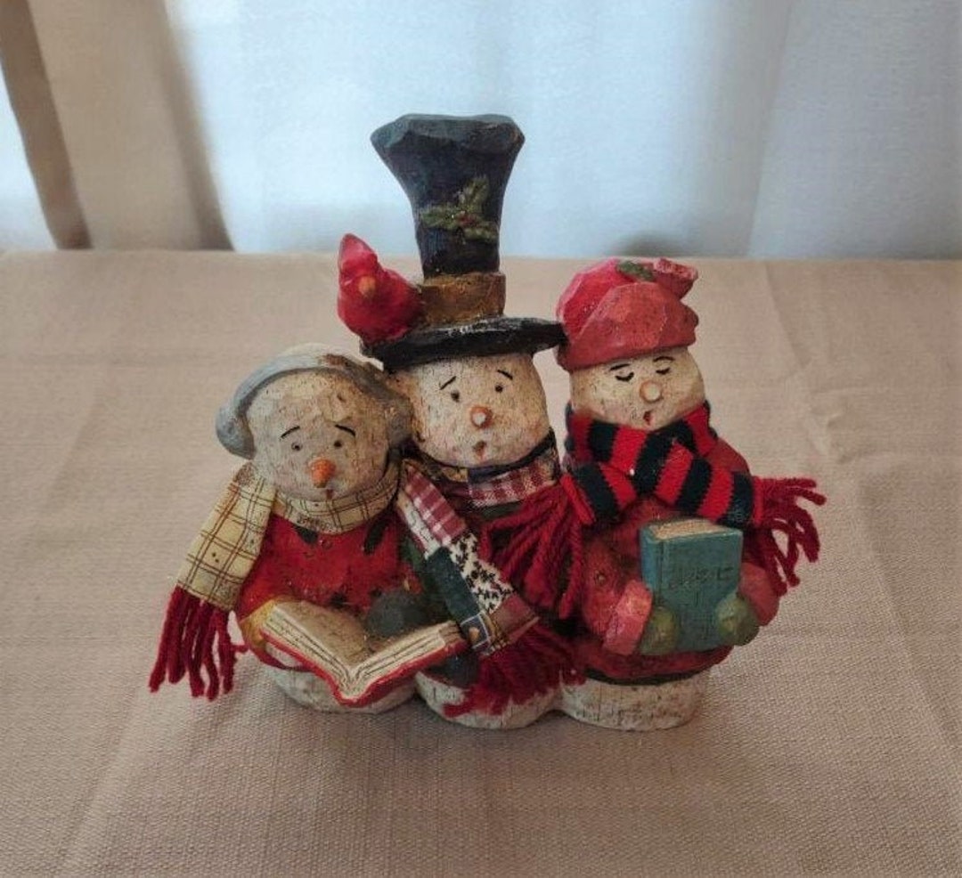Vintage Hewn Stone Caroling Snowmen Trio: Folk Art Christmas Figurine ...
