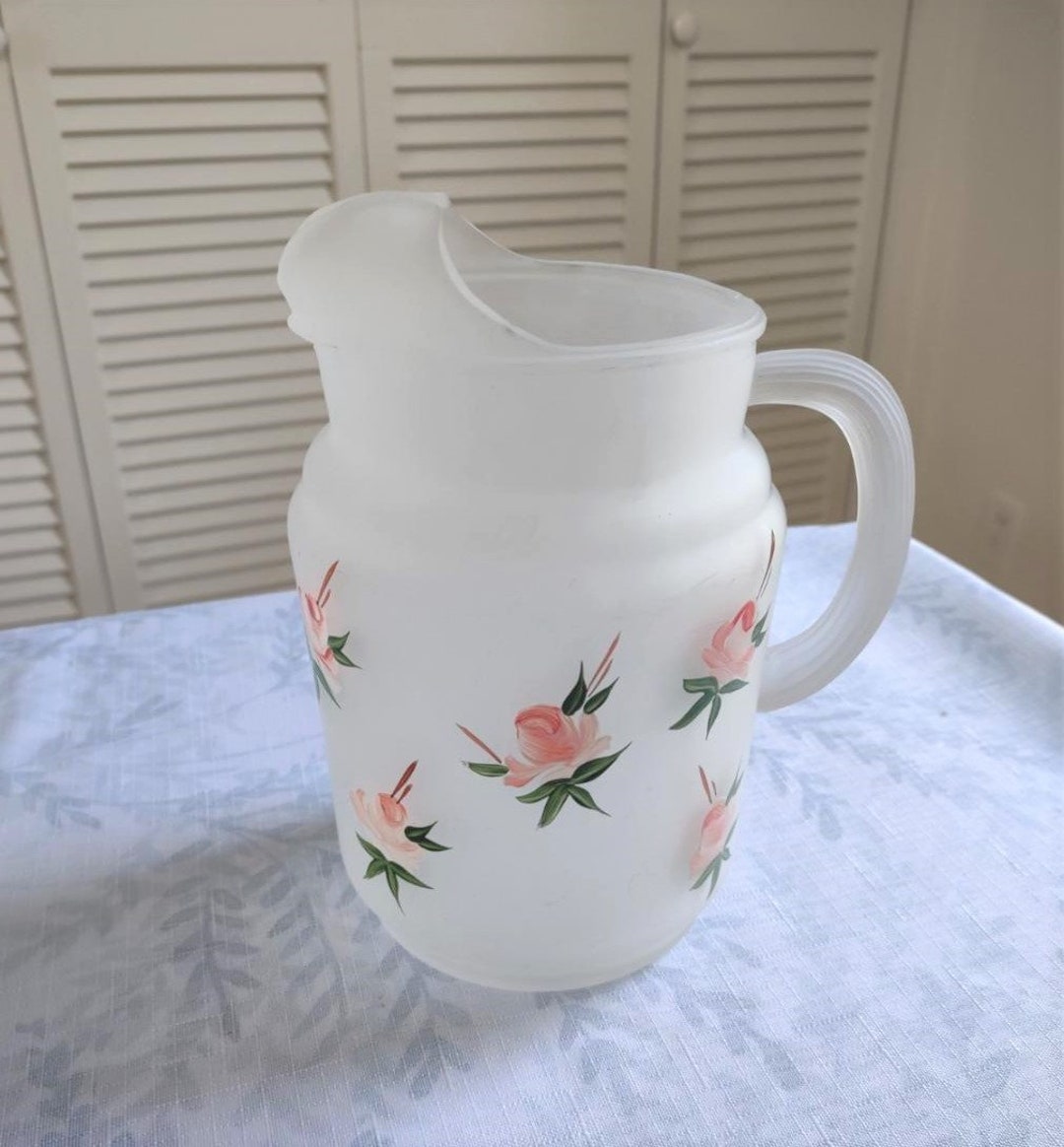 Vintage Frosted Glass Juice Pitcher W/ Hand Painted Roses - Frosted ...