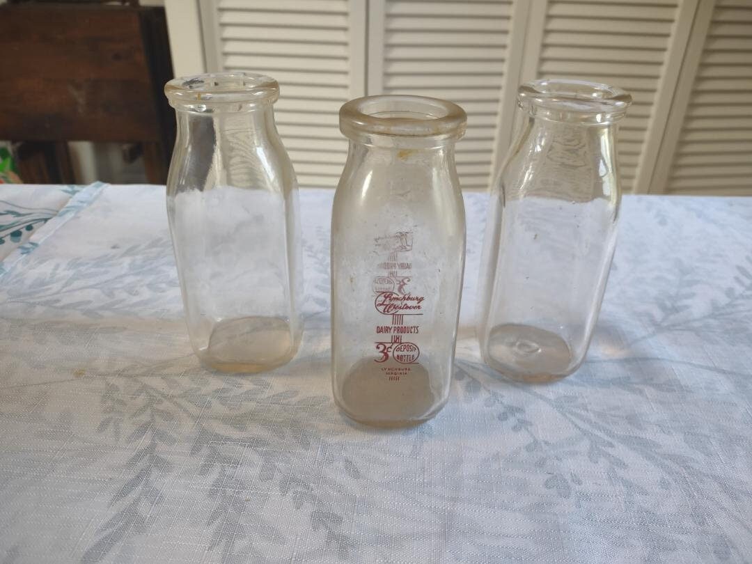 Vintage Half Pint Milk Bottles Set of 3, Lynchburg Westover 3 Cent Deposit & 2 Unmarked Half ...