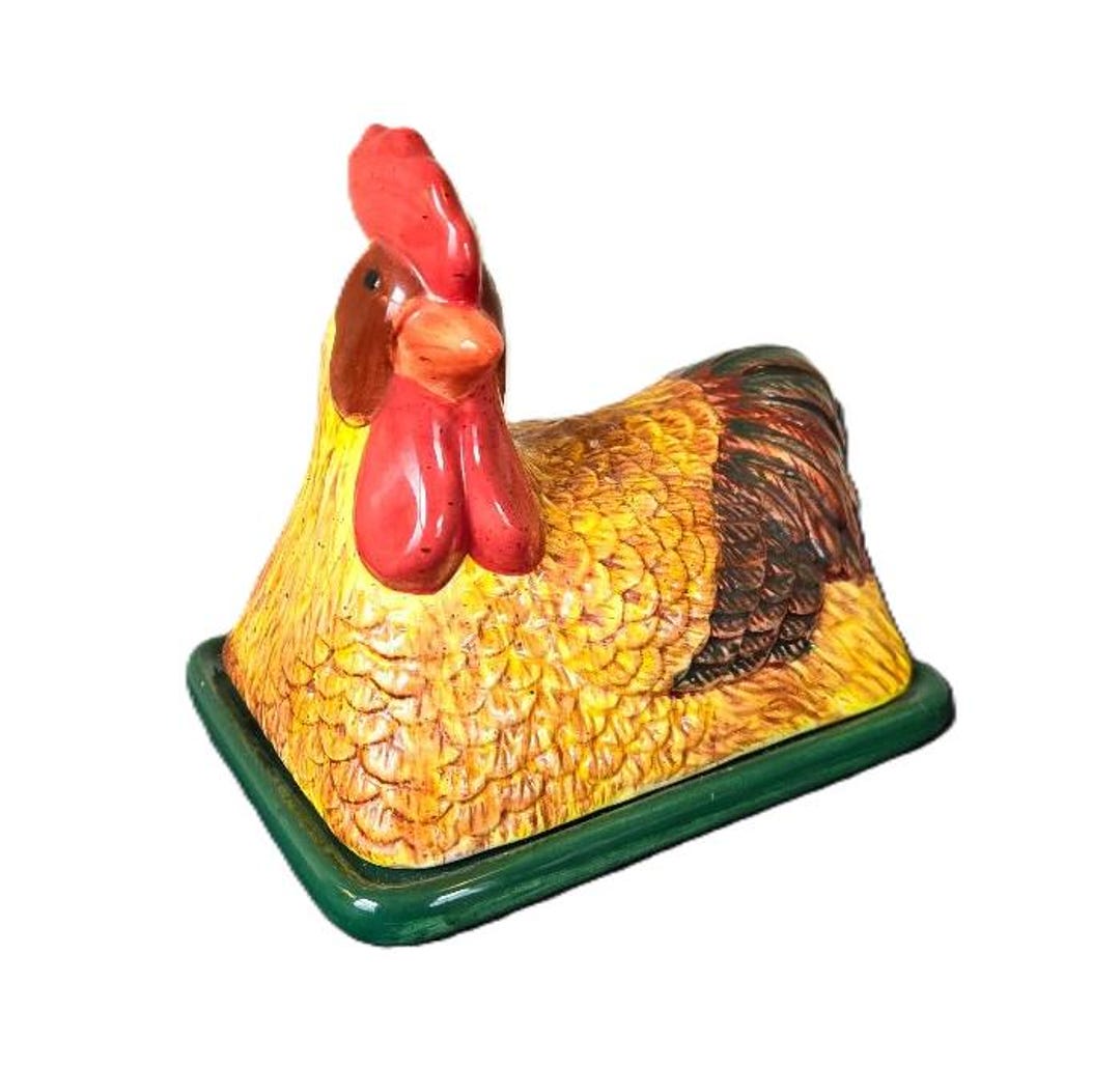 Vintage Ceramic Rooster Covered Butter Dish, Country Rooster Cheese ...