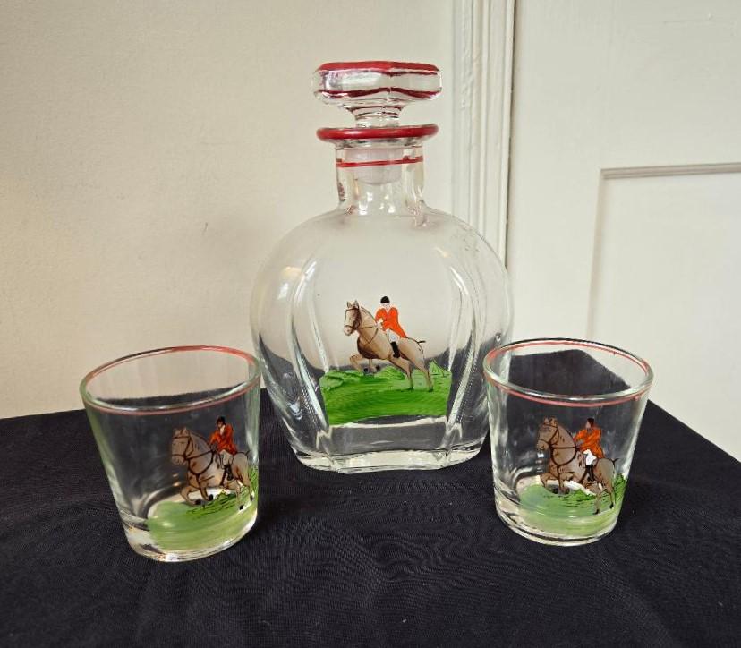 Vintage 1930s Fox Hunter Liquor Decanter Set: Hand-painted Enamel, MCM ...