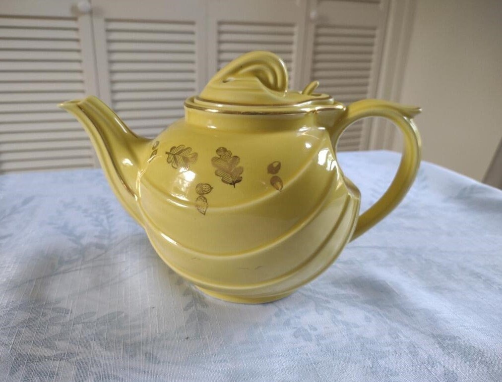 Hall Yellow Parade Teapot W/ Gold Leaves, Mid-century Teapot, Aladdin ...