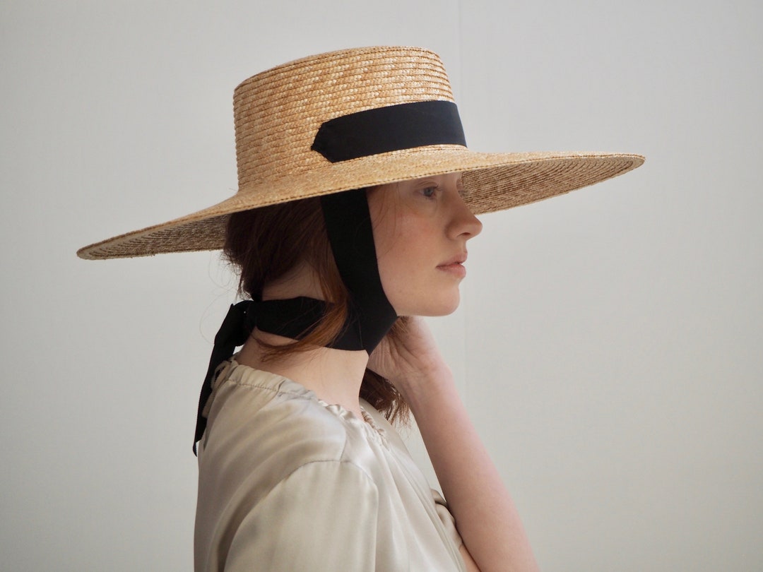 Jessica Wide Straw Boater Ribbon Tie Hat - Etsy