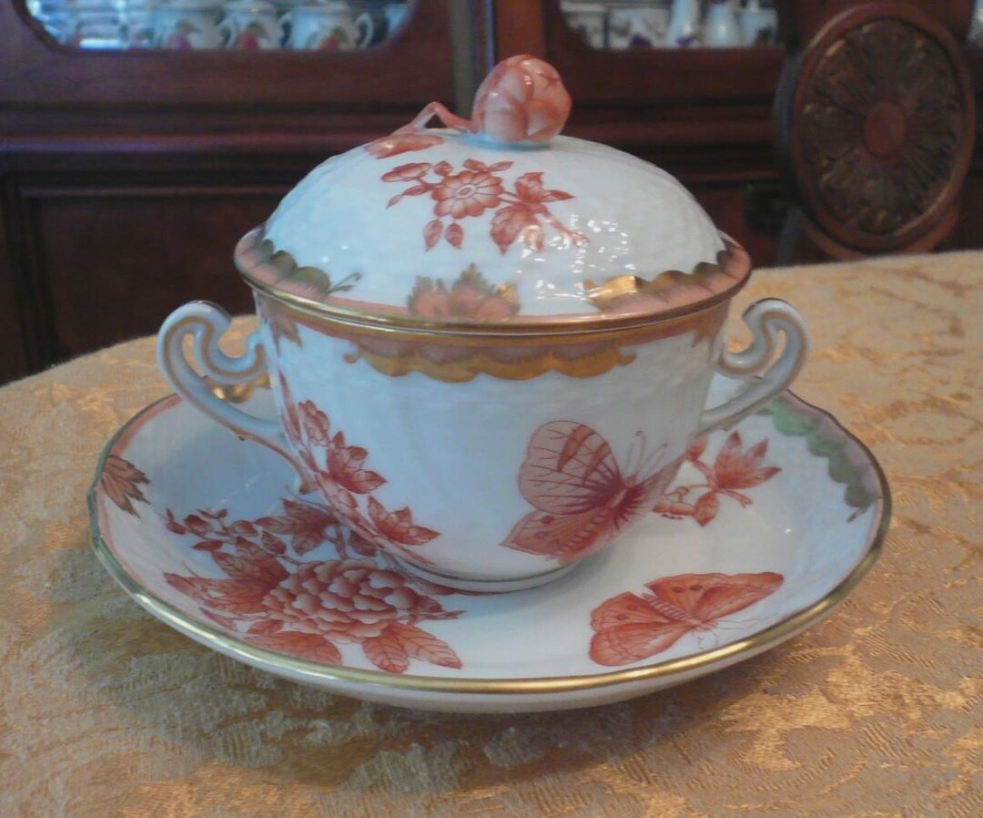 Herend Queen Victoria Fortuna Rust Cream Soup Bowl With Lid Saucer 1718 ...