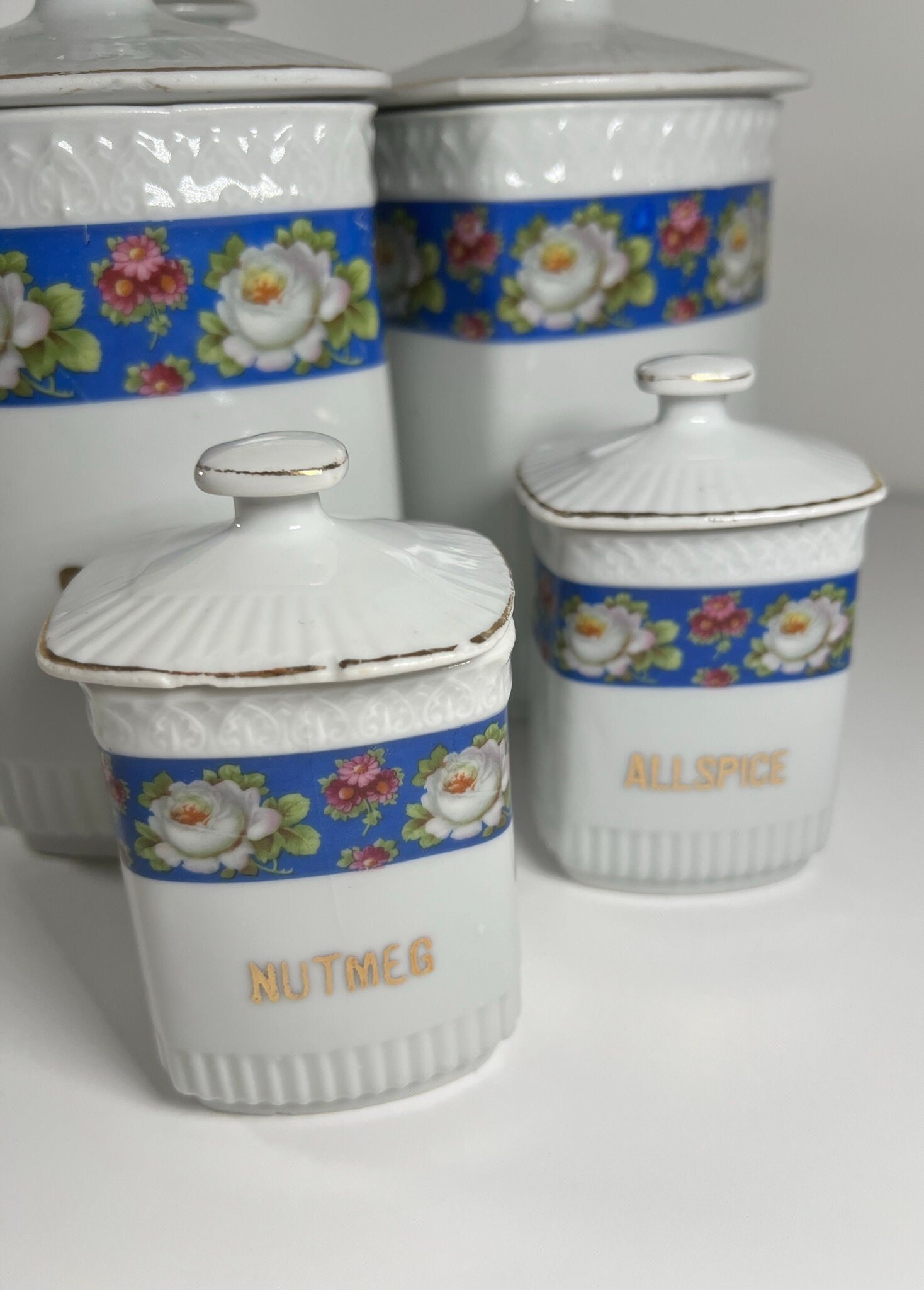 Vintage White Block Germany Floral Blue Band Canister Set of 5 - Etsy