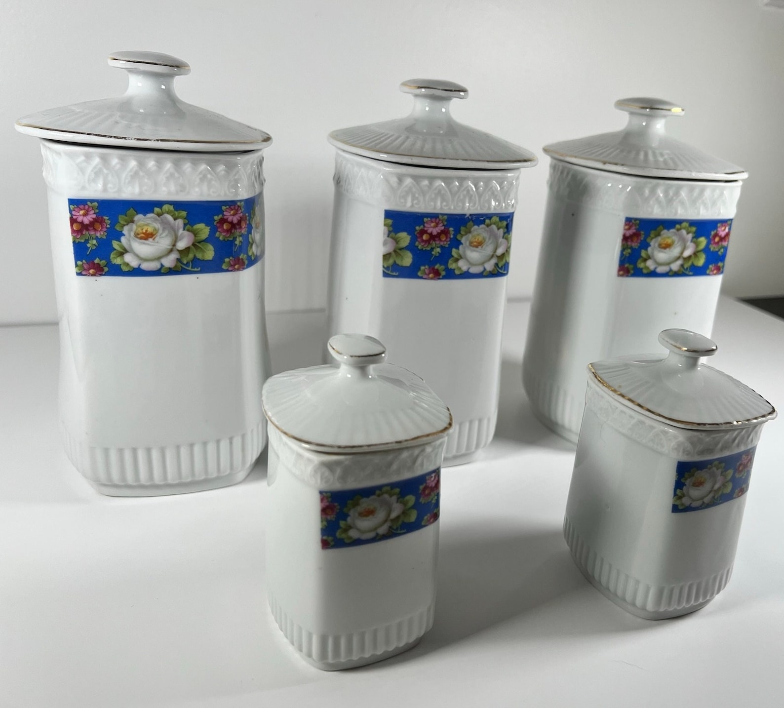 Vintage White Block Germany Floral Blue Band Canister Set of 5 - Etsy