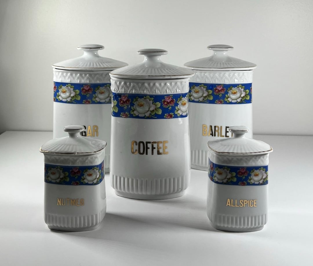Vintage White Block Germany Floral Blue Band Canister Set of 5 - Etsy