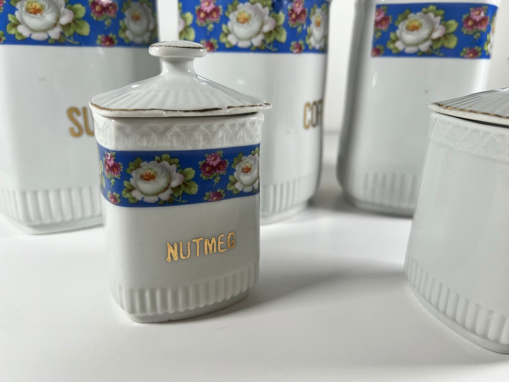Vintage White Block Germany Floral Blue Band Canister Set of 5 - Etsy